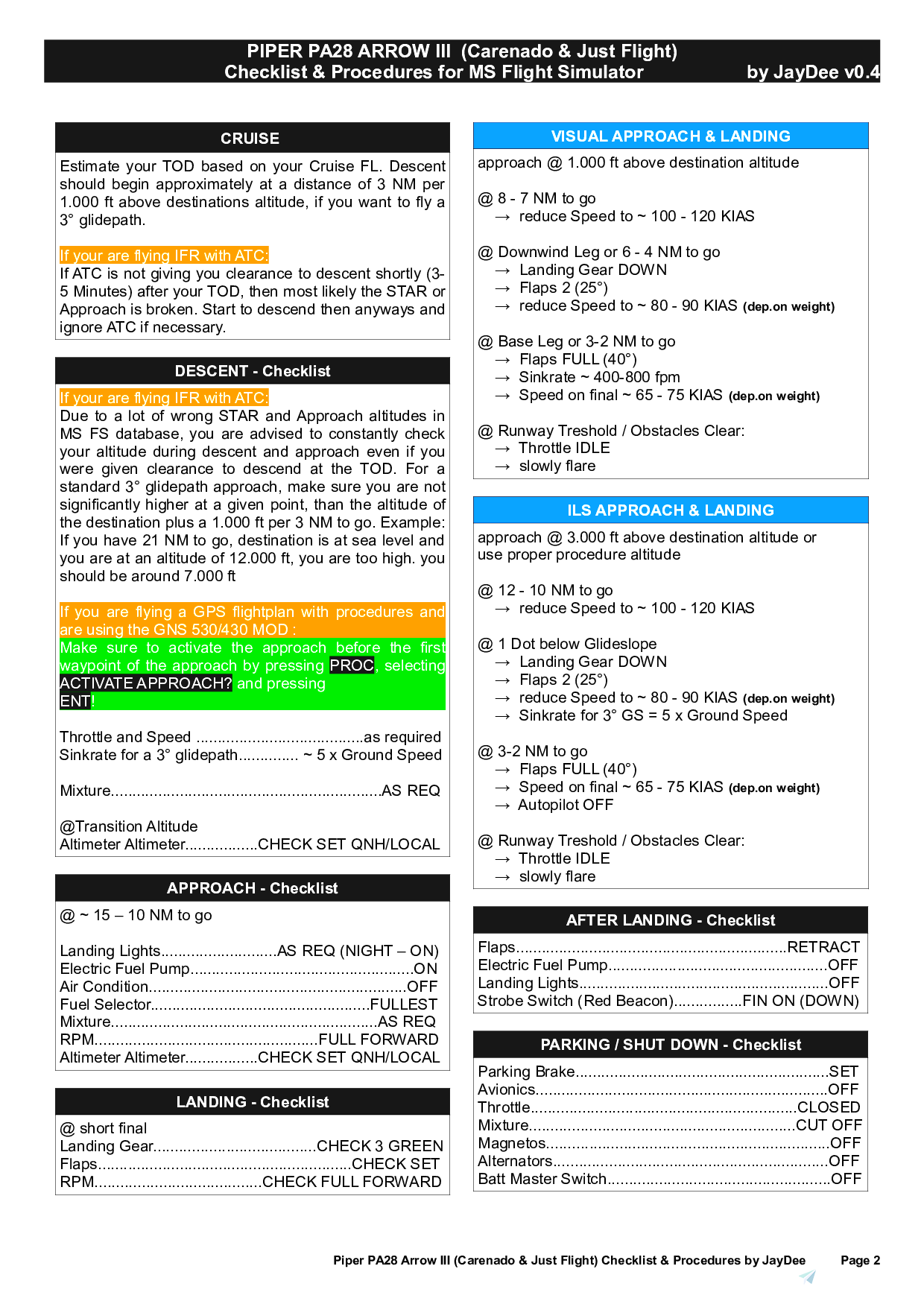 Piper Arrow III Checklist & Procedures (JDs) for Microsoft Flight ... Piper Arrow III Checklist & Procedures (JDs) for Microsoft Flight ...