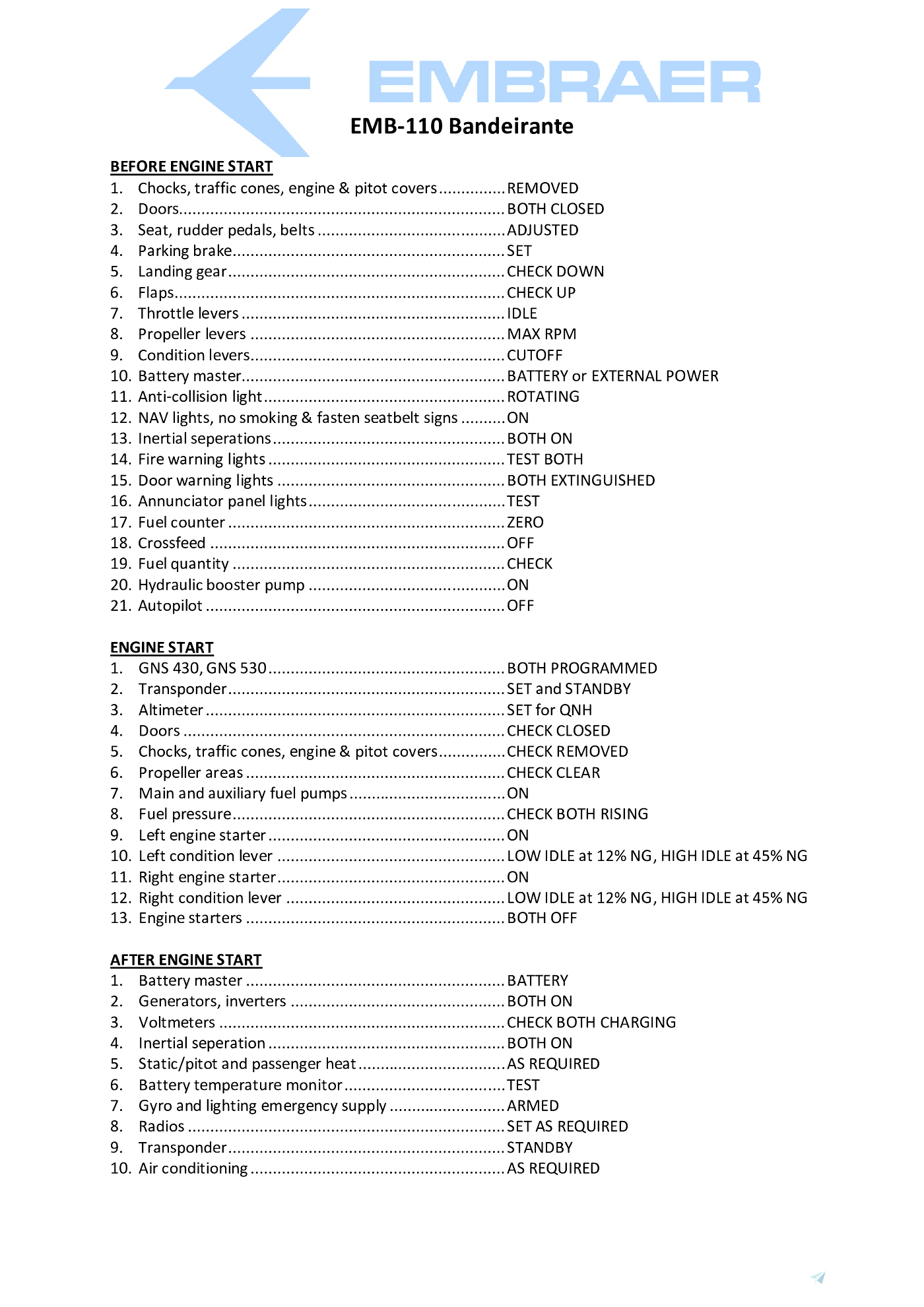 custom modified embraer 110 checklist for Microsoft Flight Simulator | MSFS