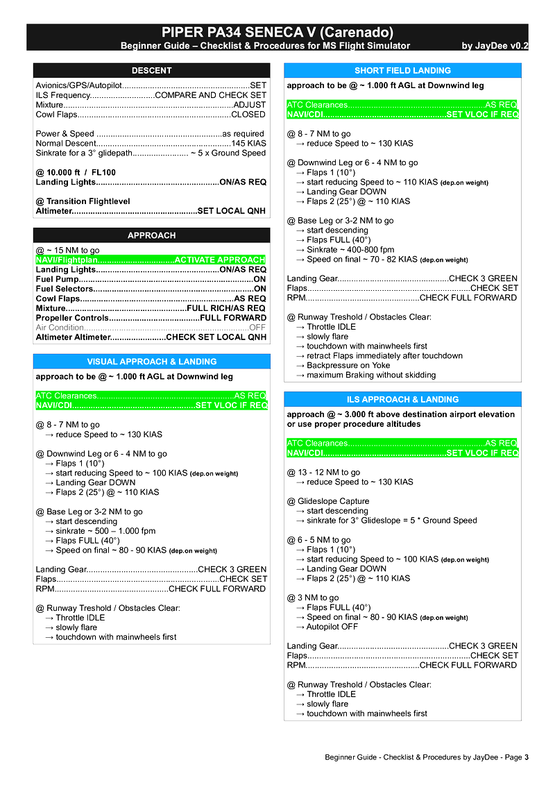 PA 34T Seneca V - Guide Checklist & Procedures for Microsoft Flight ...
