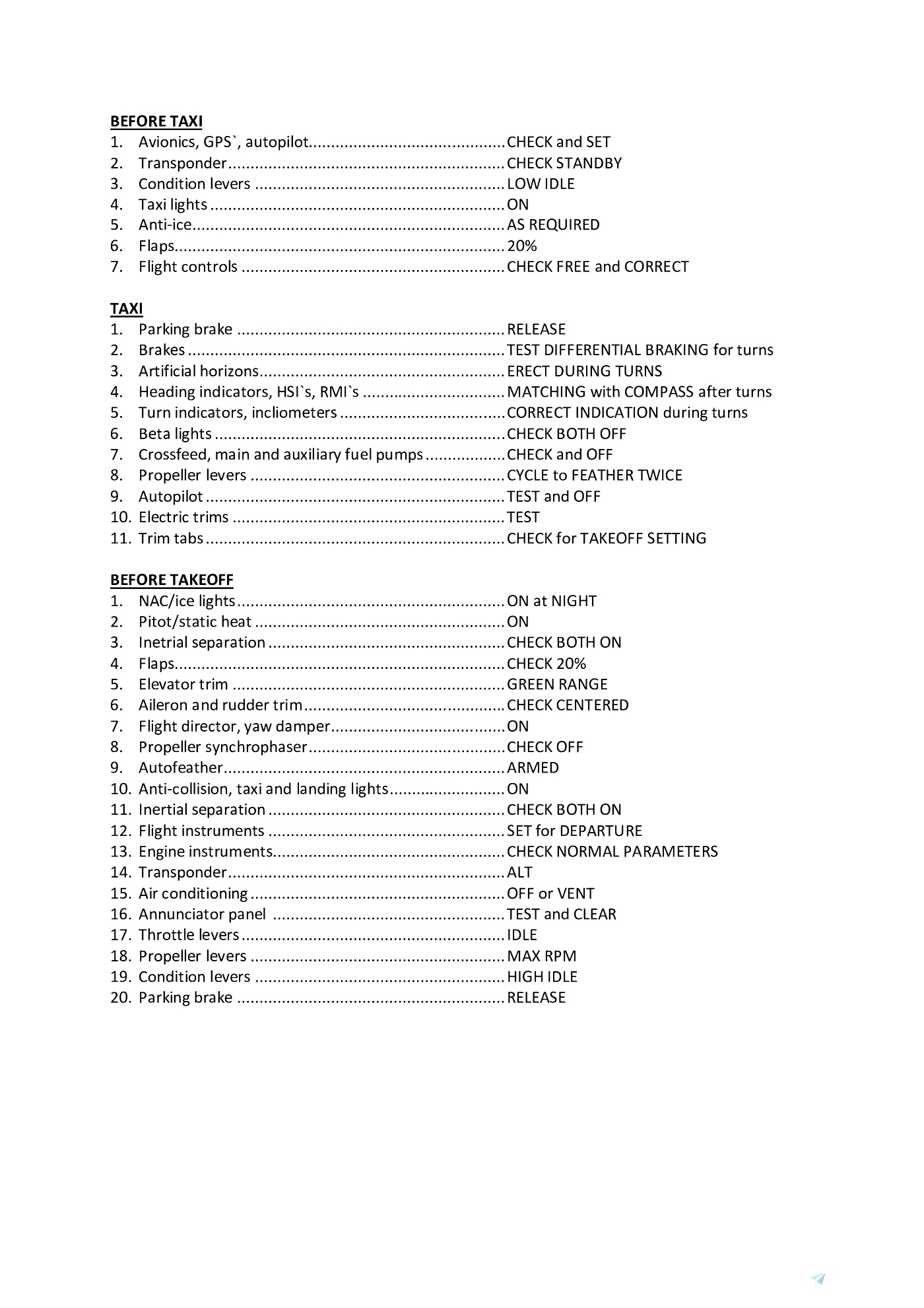 custom modified embraer 110 checklist for Microsoft Flight Simulator | MSFS