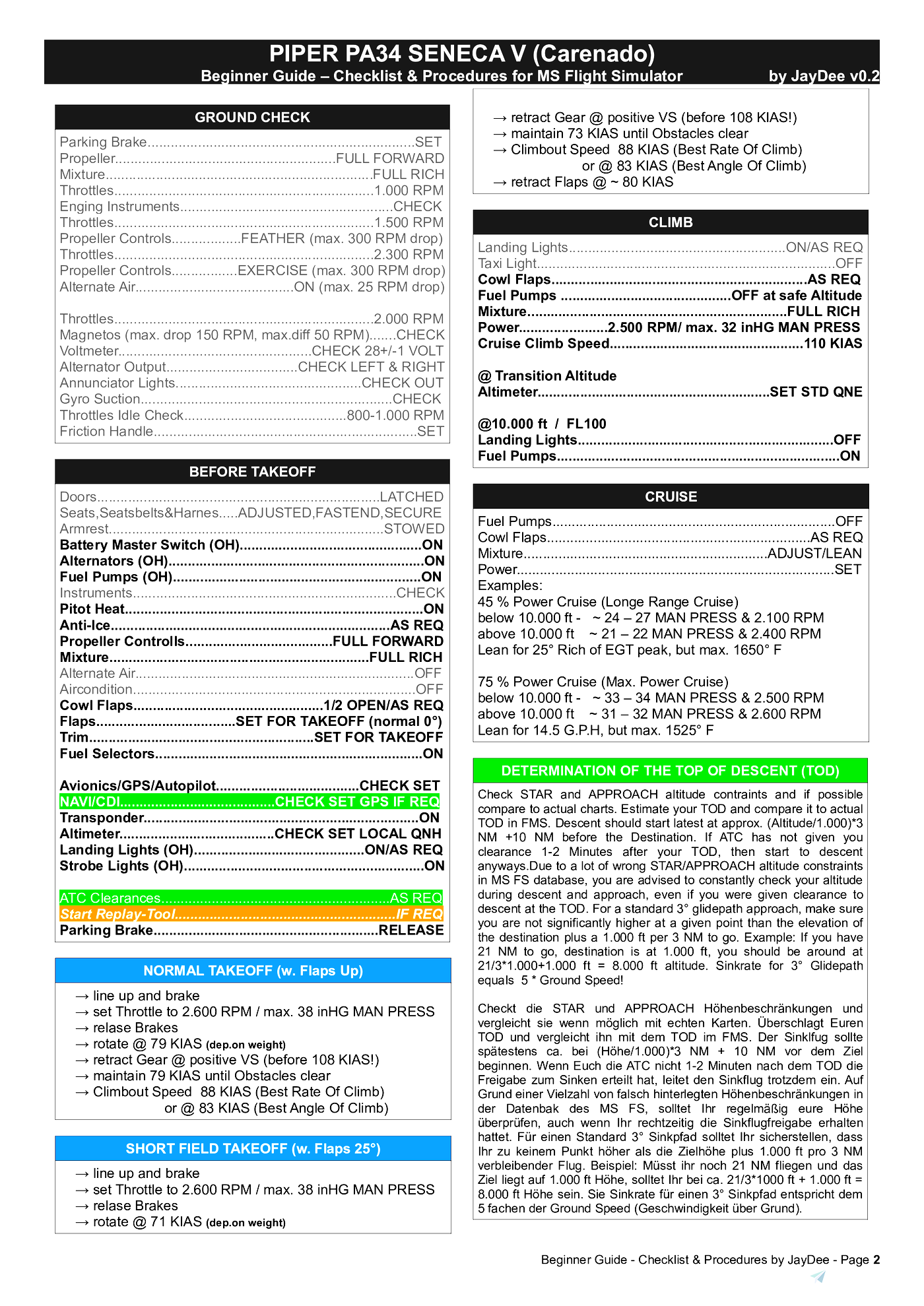 PA 34T Seneca V - Guide Checklist & Procedures for Microsoft Flight ...