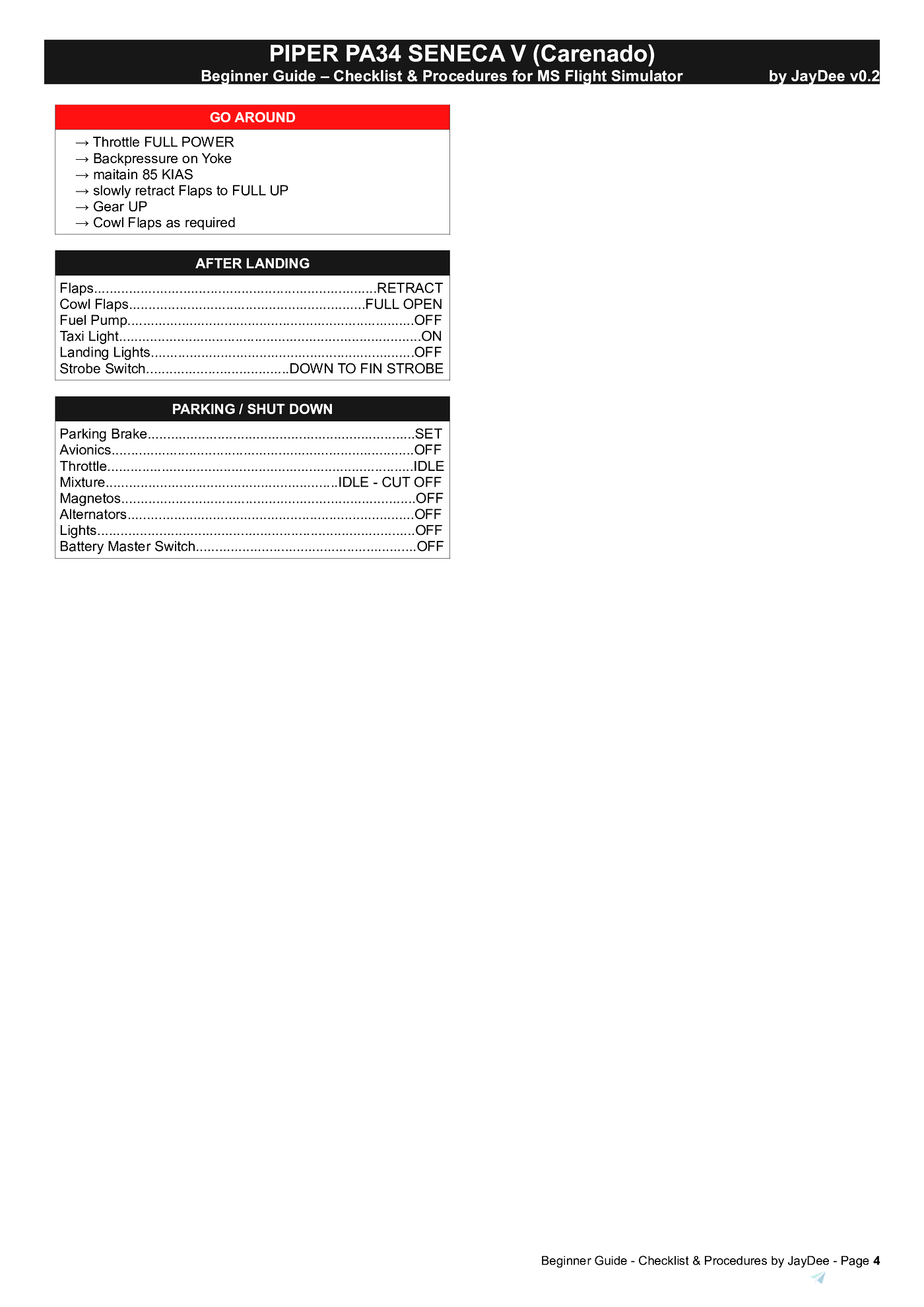 PA 34T Seneca V - Guide Checklist & Procedures for Microsoft Flight ...