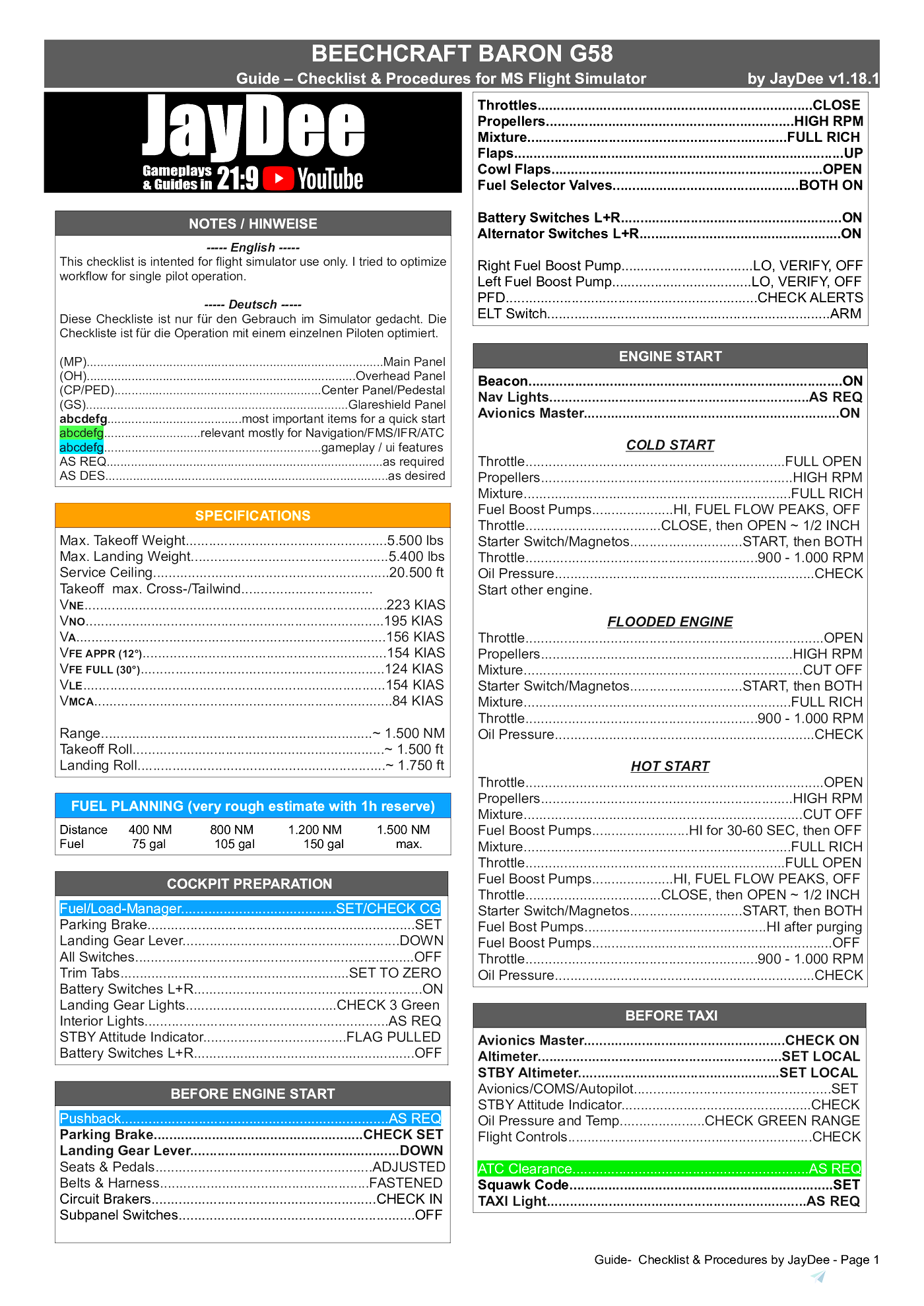 Beech Baron G58 - JDs Comprehensive Checklist & Procedures for ... Beech Baron G58 - JDs Comprehensive Checklist & Procedures for ...