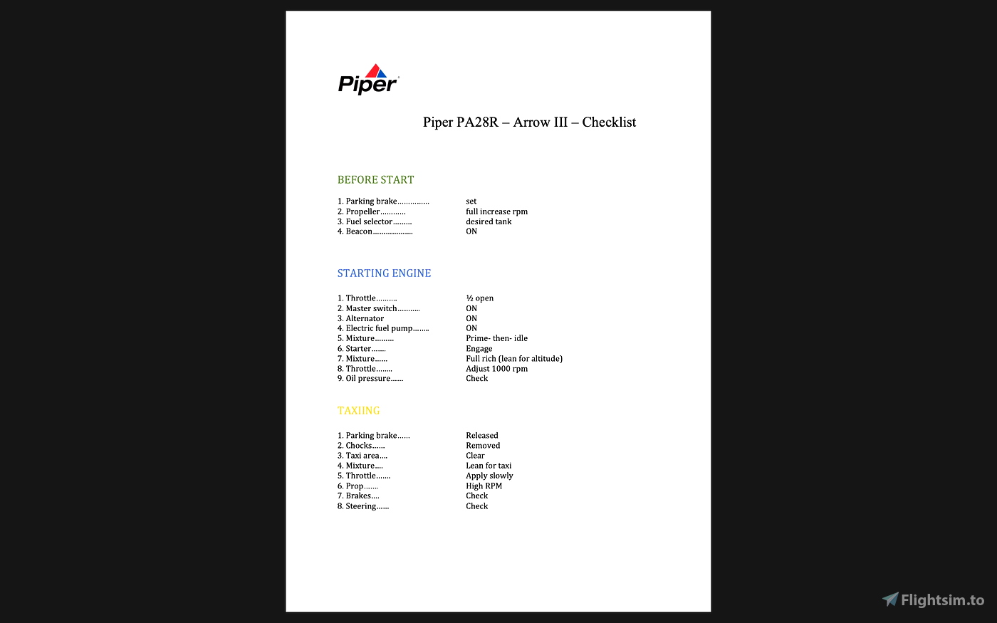 Piper Arrow III - Checklist for Microsoft Flight Simulator | MSFS Piper Arrow III - Checklist for Microsoft Flight Simulator | MSFS