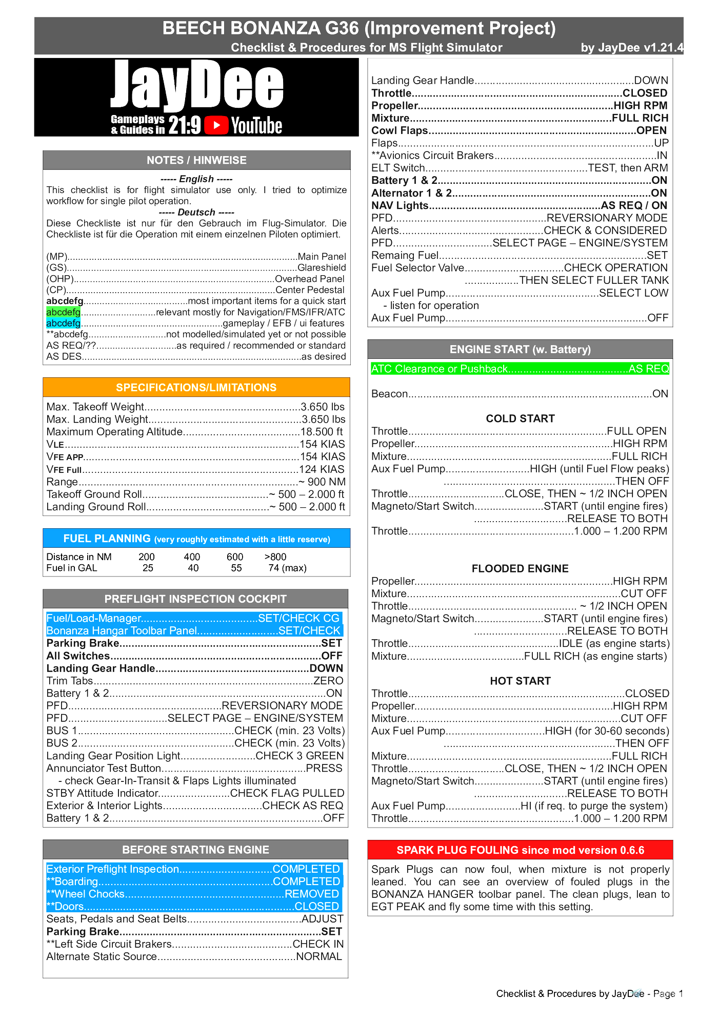 Bonanza G36 - JayDee´s Checklist & Procedures (PDF) for Microsoft Flight Simulator | MSFS