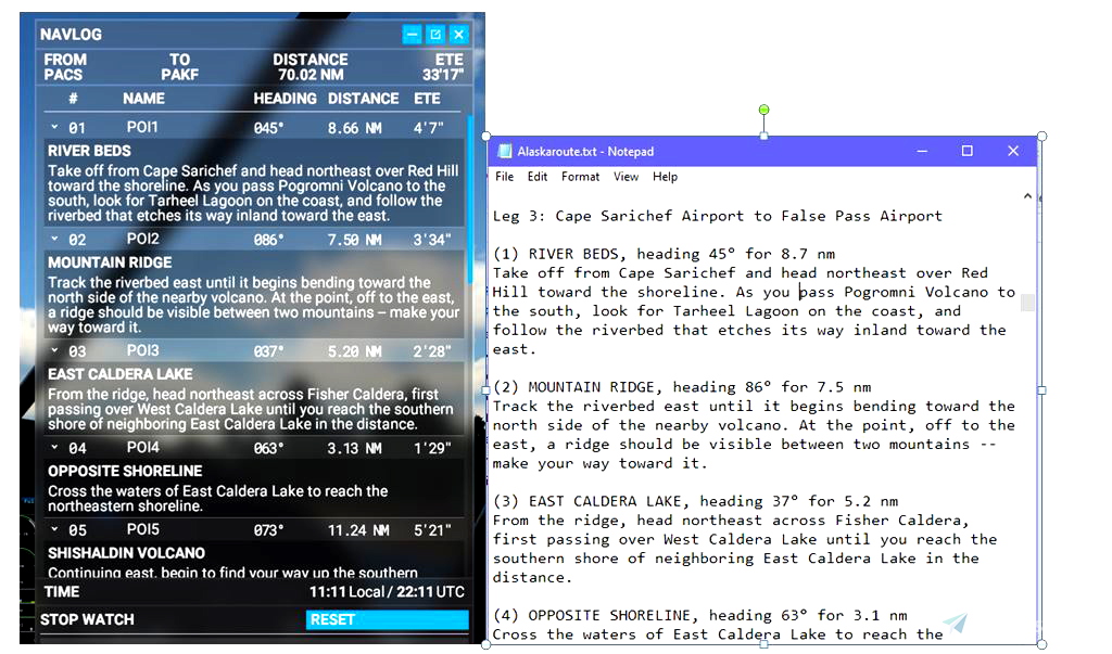 Nav log extracts for the official bush trips for Microsoft Flight ...