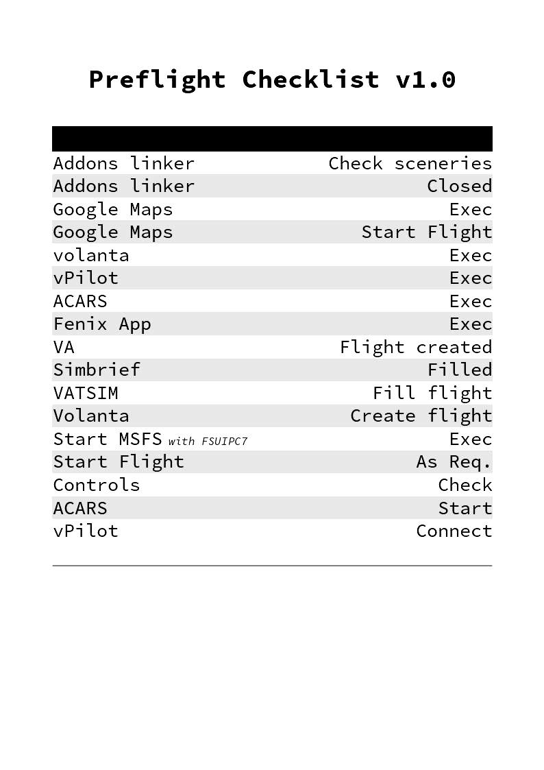 Prestart universal checklist for Microsoft Flight Simulator | MSFS