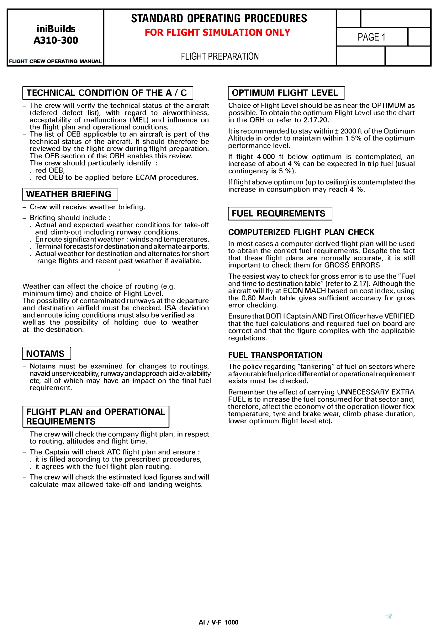 A310-300 Standard FCOM / Checklist for Microsoft Flight Simulator | MSFS