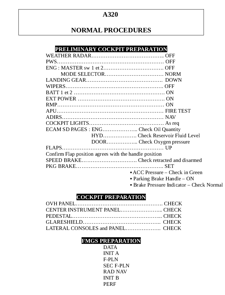 A320 CHECKLIST NORMAL PROCEDURES for Microsoft Flight Simulator | MSFS