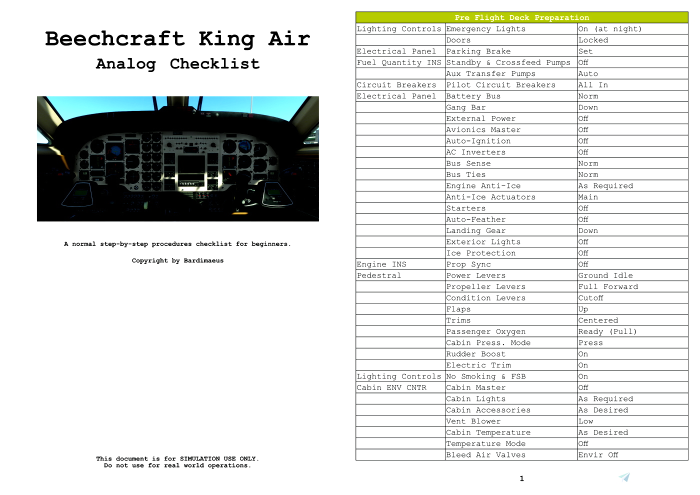 Beechcraft King Air - Analog (Black Square) - Step-By-Step Checklist as PDF for Microsoft Flight ...