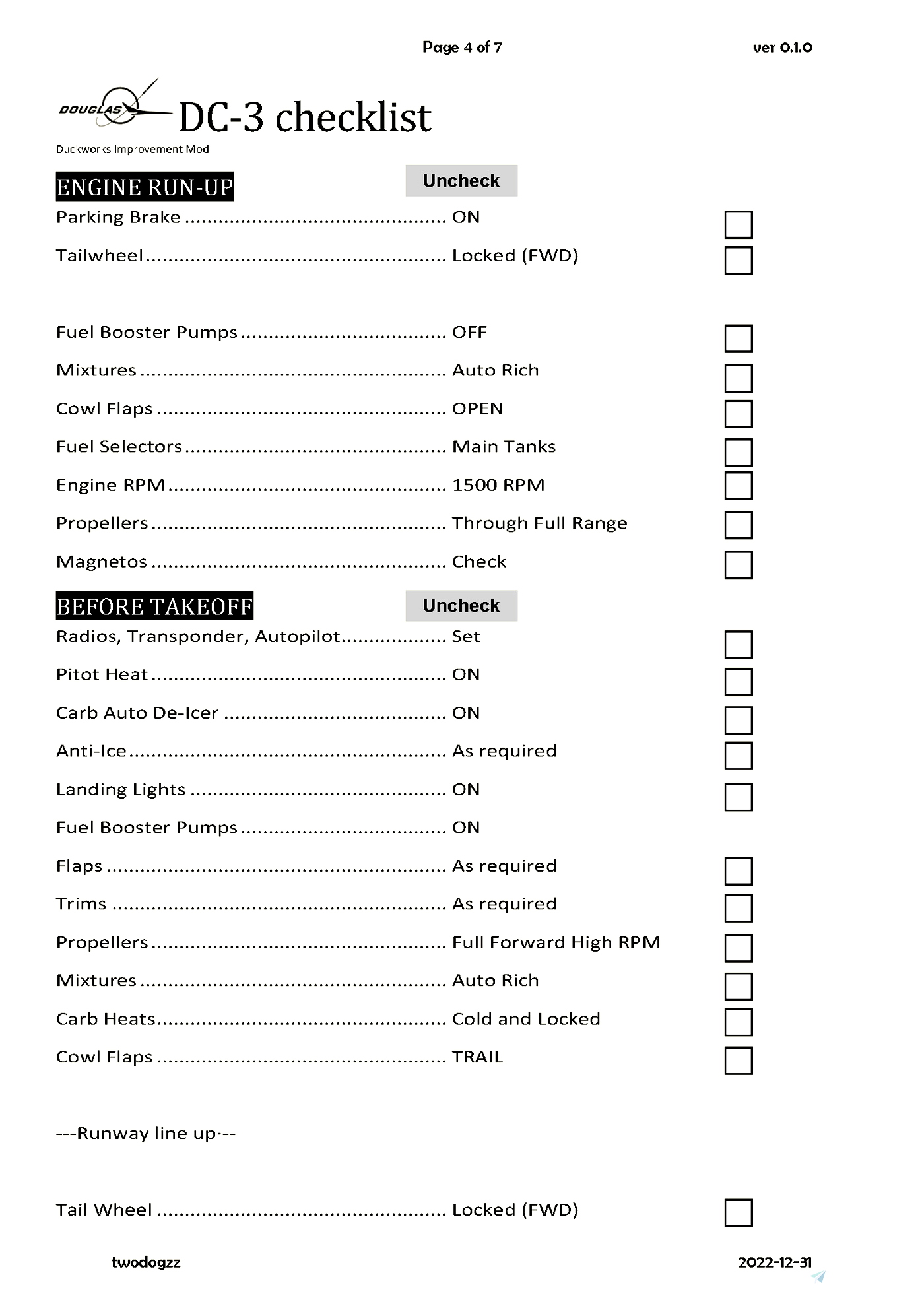 DC-3 Checklist - for Duckworks Improvement mod for Microsoft Flight ...