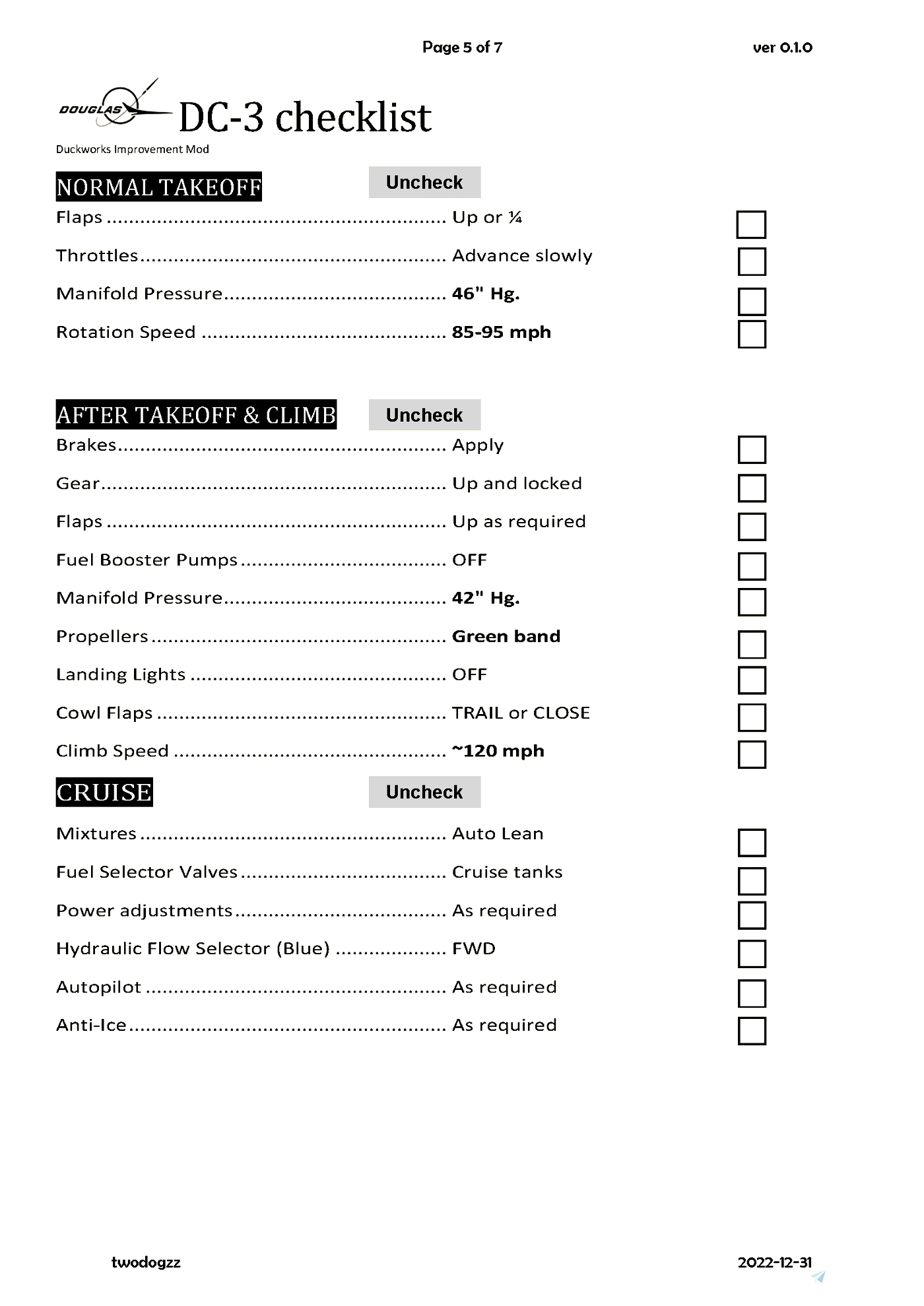 DC-3 Checklist - for Duckworks Improvement mod for Microsoft Flight ...
