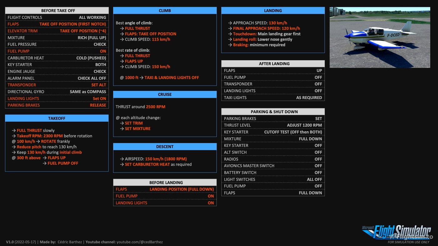 Robin DR400 - Checklists & Procedures for Microsoft Flight Simulator | MSFS