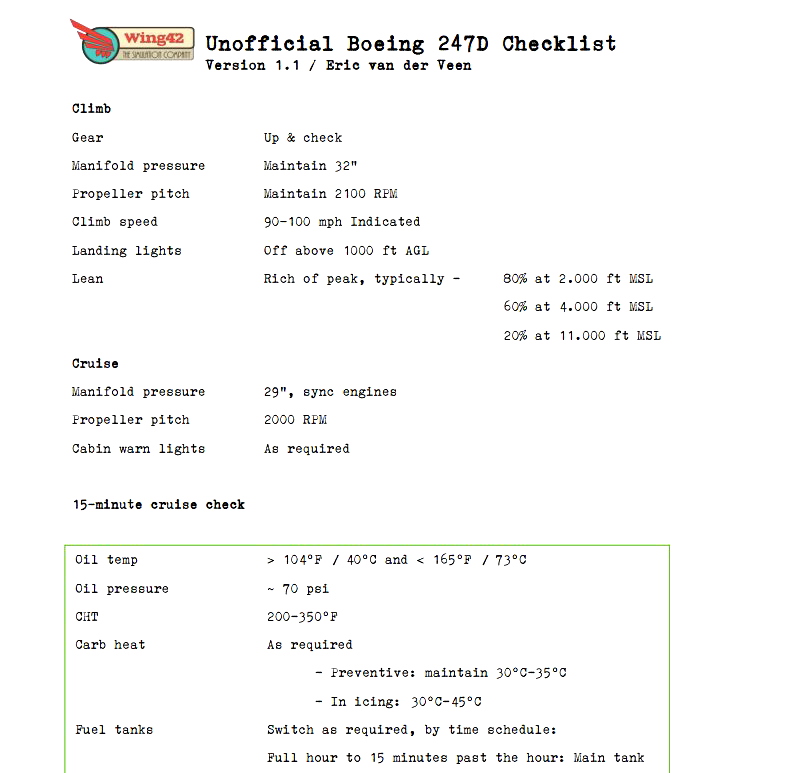 Wing42 Boeing 247D checklist voor Microsoft Flight Simulator | MSFS