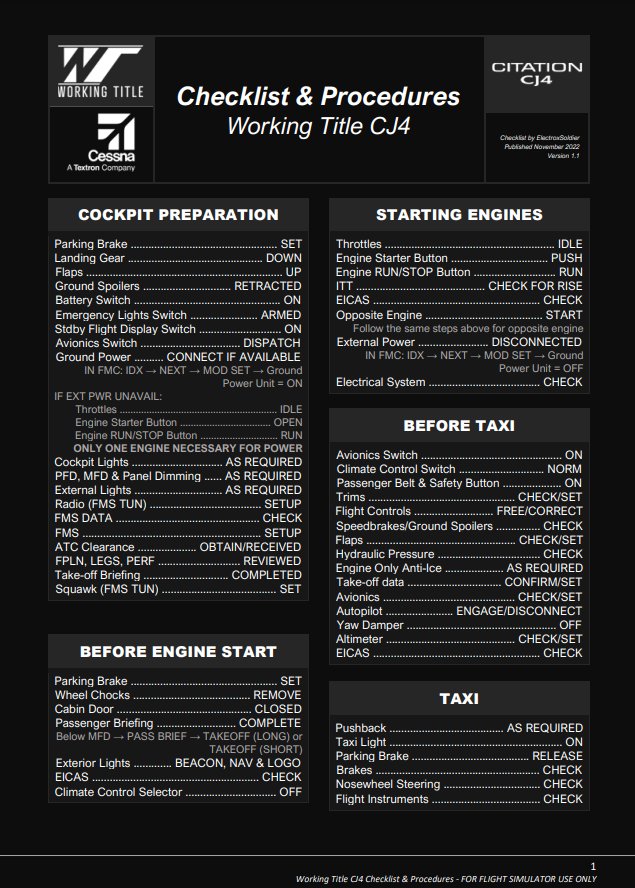 Working Title Cessna Citation CJ4 Checklist für Microsoft Flight ...