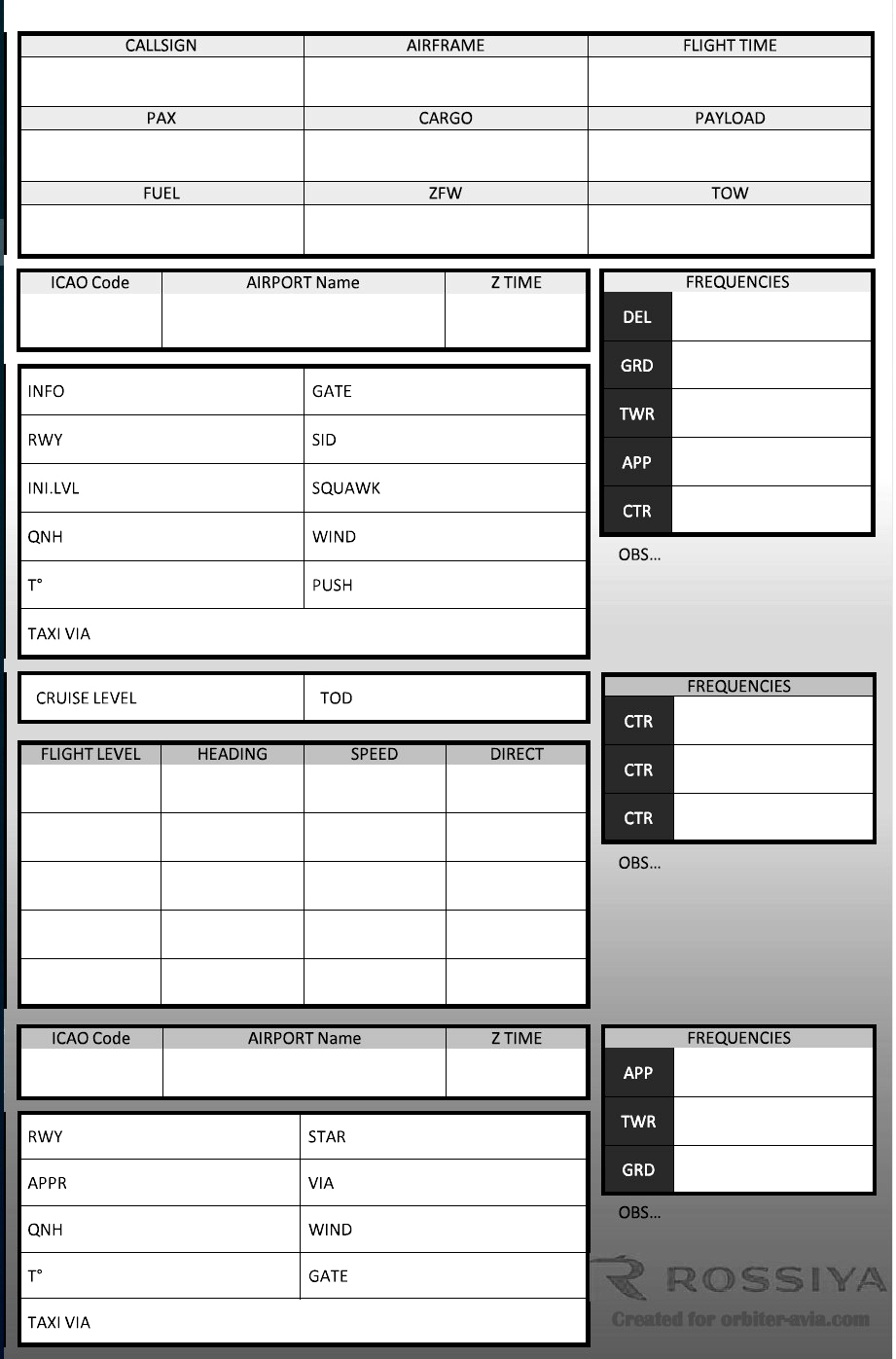 Worksheet for Vatsim/IVAO VA Rossiya for Microsoft Flight Simulator | MSFS