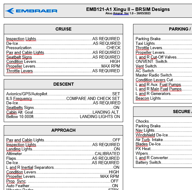Embraer 121 - Xingu Checklist (BRSIM Designs) pour Microsoft Flight ...