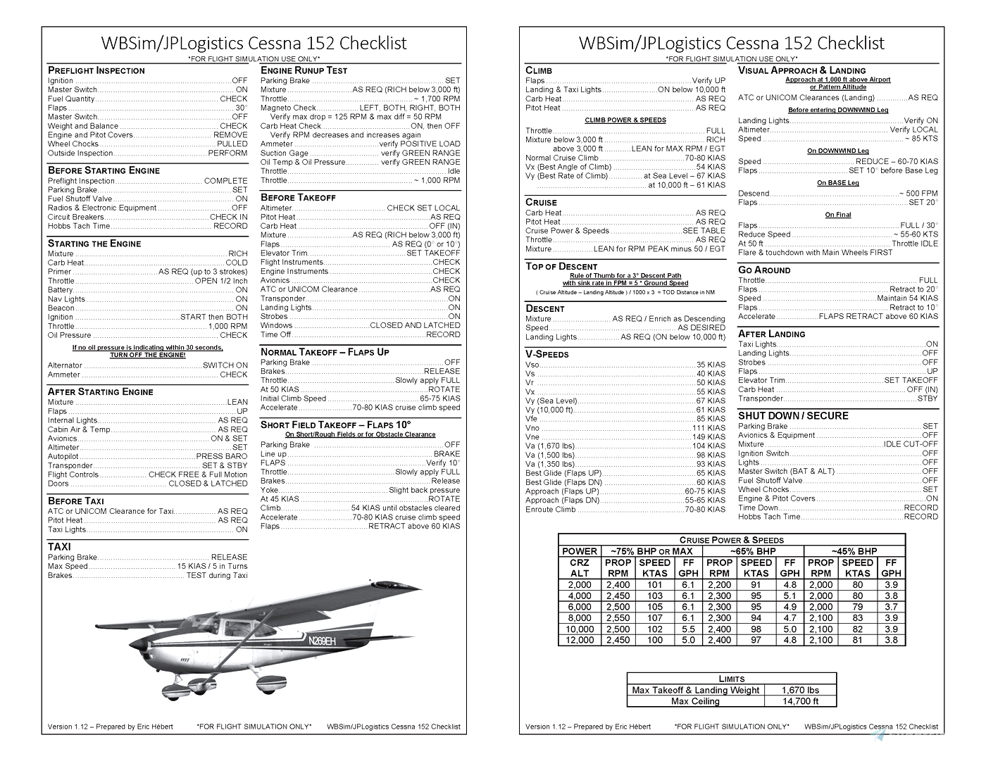 WBSim/JPLogistics Cessna 152 Checklist v1.12 for Microsoft Flight ...