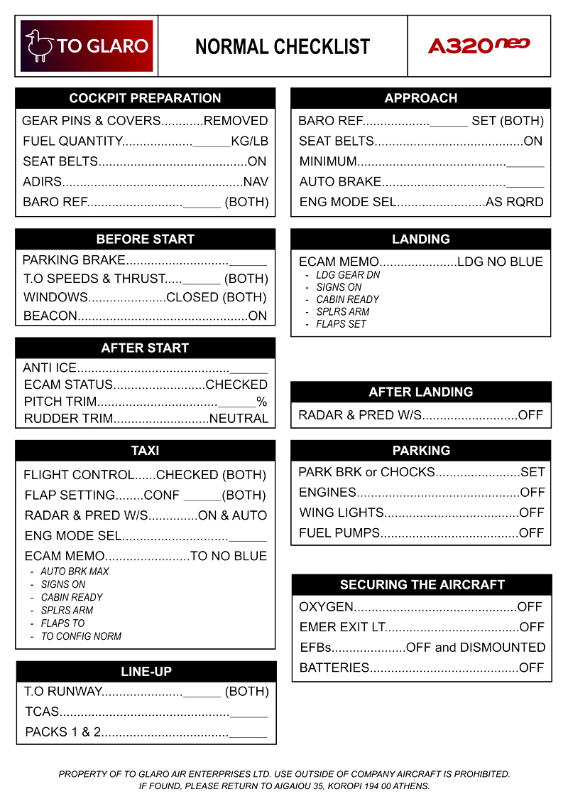 To Glaro Airbus A320 Normal Checklist - A32NX, Fenix SOP for Microsoft ...