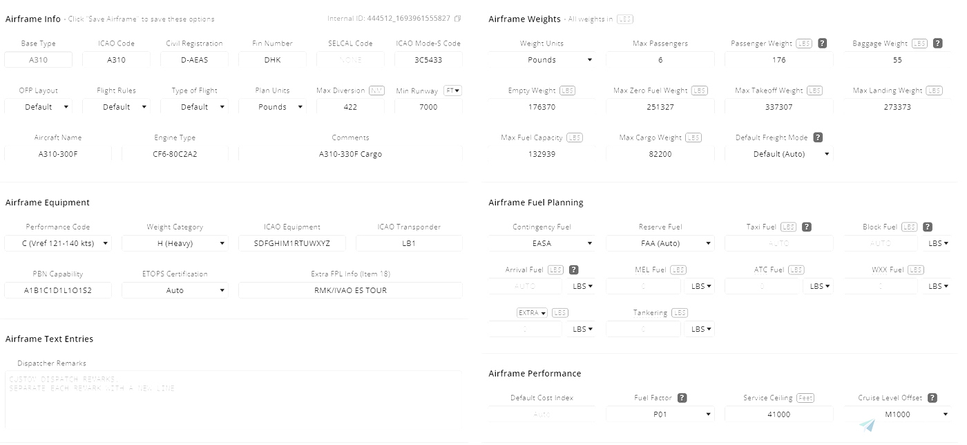 A310-300 Cargo Simbrief Profile for Microsoft Flight Simulator | MSFS