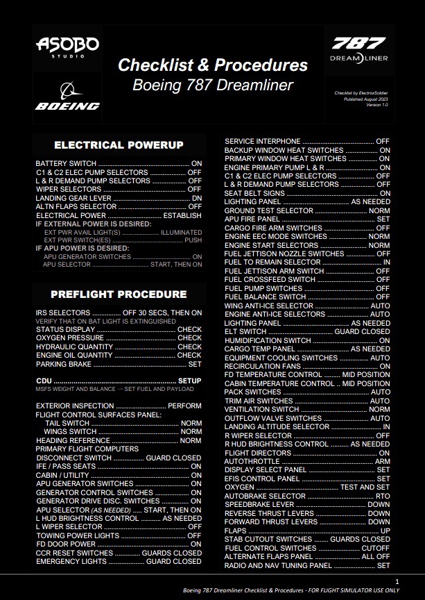 Boeing 787 Dreamliner Checklist for Microsoft Flight Simulator | MSFS Boeing 787 Dreamliner Checklist for Microsoft Flight Simulator | MSFS