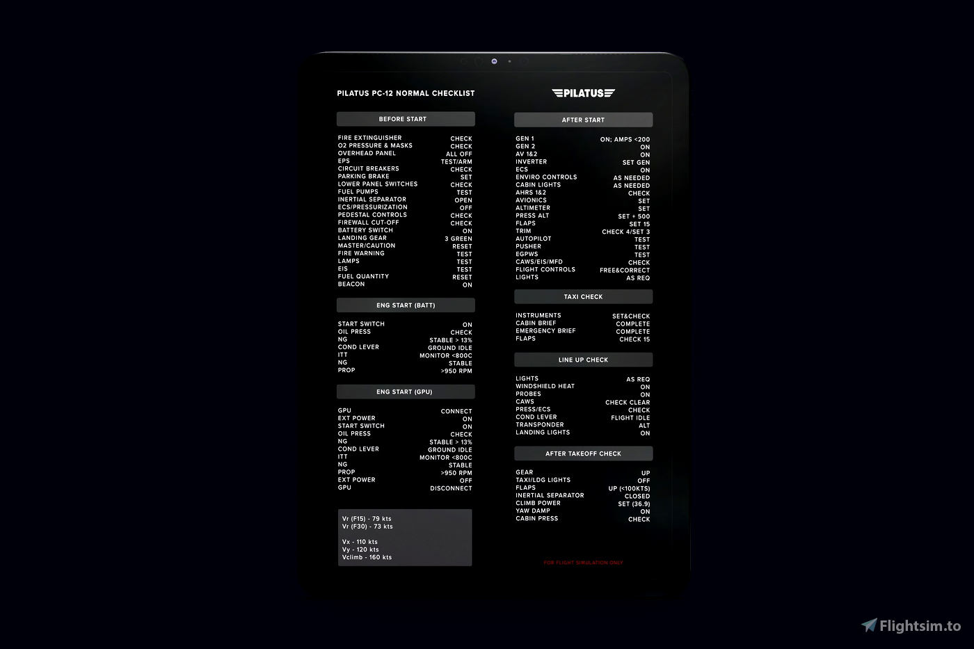 Pilatus PC12 Normal Checklist - Dark Edition til Microsoft Flight Simulator | MSFS