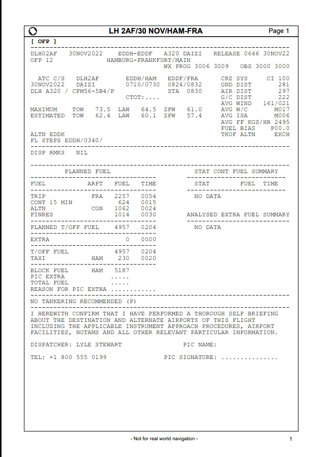 Simbrief OFP Samples pro Microsoft Flight Simulator | MSFS