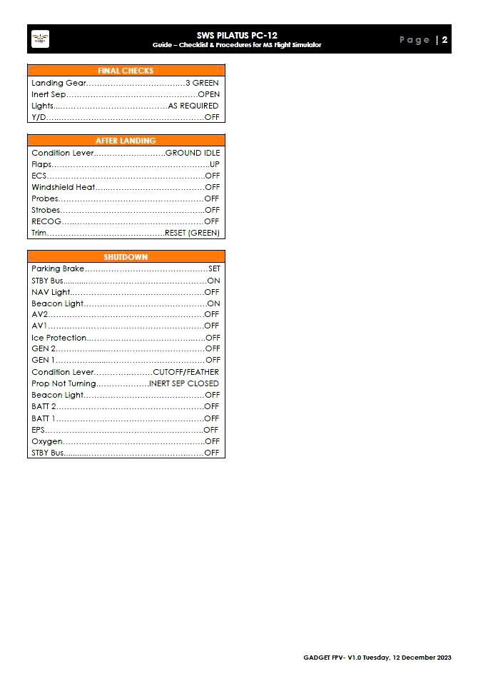 SWS Pilatus PC12 Checklist за Microsoft Flight Simulator | MSFS