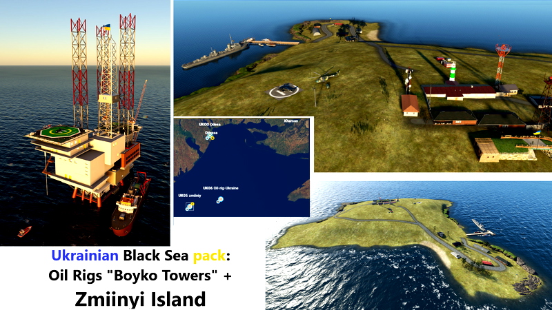 Zmiiniy Island with Helipad UK05 + "Boyko Towers" UK06 oil rigs with ...